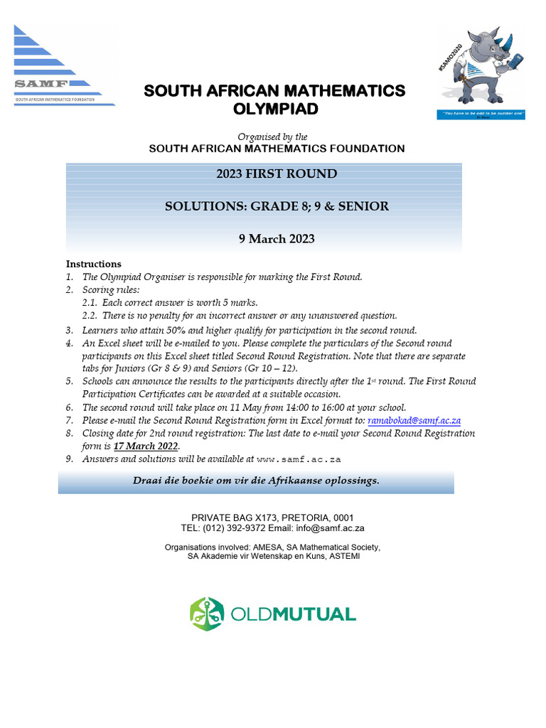 South African Mathematics Olympiad: 202 First Round Solutions: Grade 8 ...