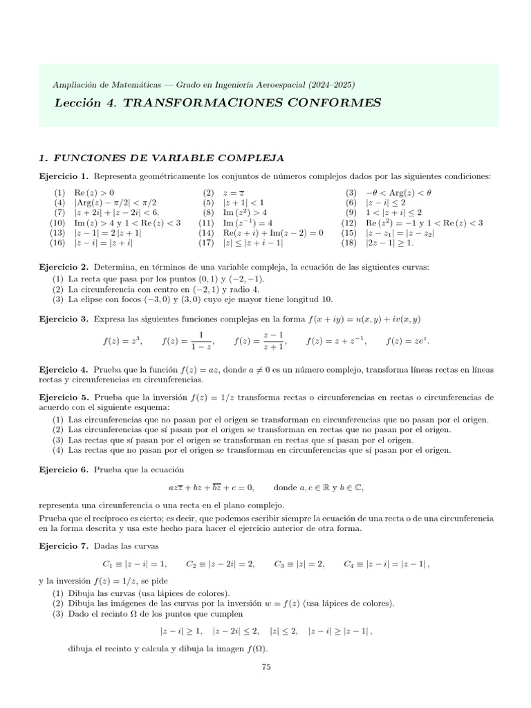Ejer - Lección 4. TRANSFORMACIONES CONFORMES | PDF | Ecuaciones | Función (Matemáticas)