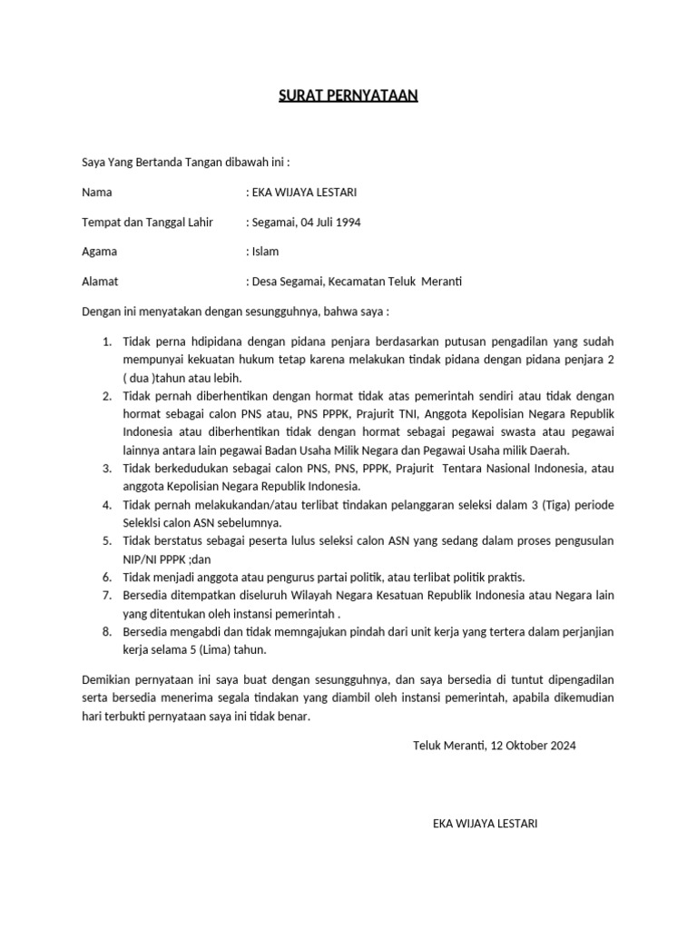 SURAT PERNYATAAN Eka Wijaya Lestari | PDF