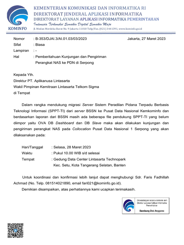 Surat Kunjungan Dan Pengiriman Perangkat NAS Ke PDN Di Serpong 28 Maret ...