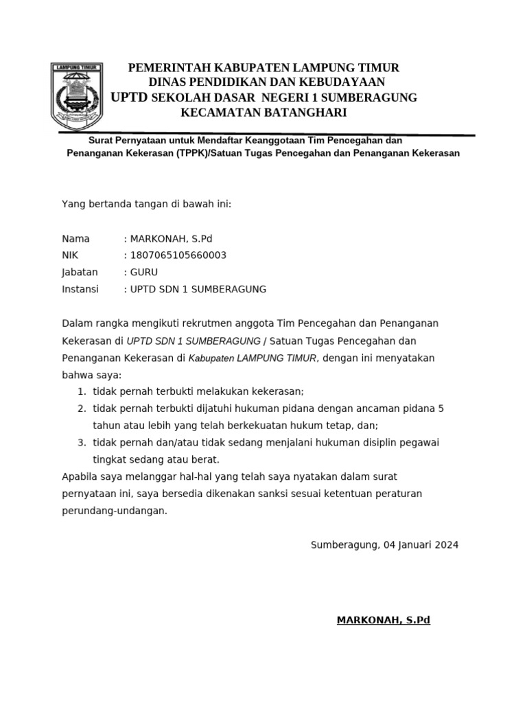 Contoh Surat Pernyataan Keanggotaan - Docx Ok | PDF