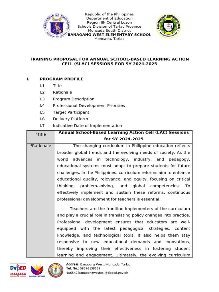 Training Proposal For Annual School Based Learning Action Cell Slac Sessions For Sy 2024 2025 ...