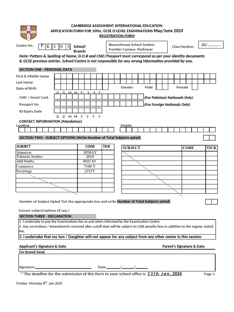 O Level 10ths Registration Form MayJune2024 | PDF | Government And ...