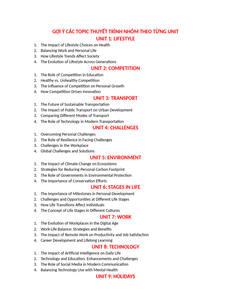 Group Presentation Topics by Unit | PDF | Sustainability | Natural Environment