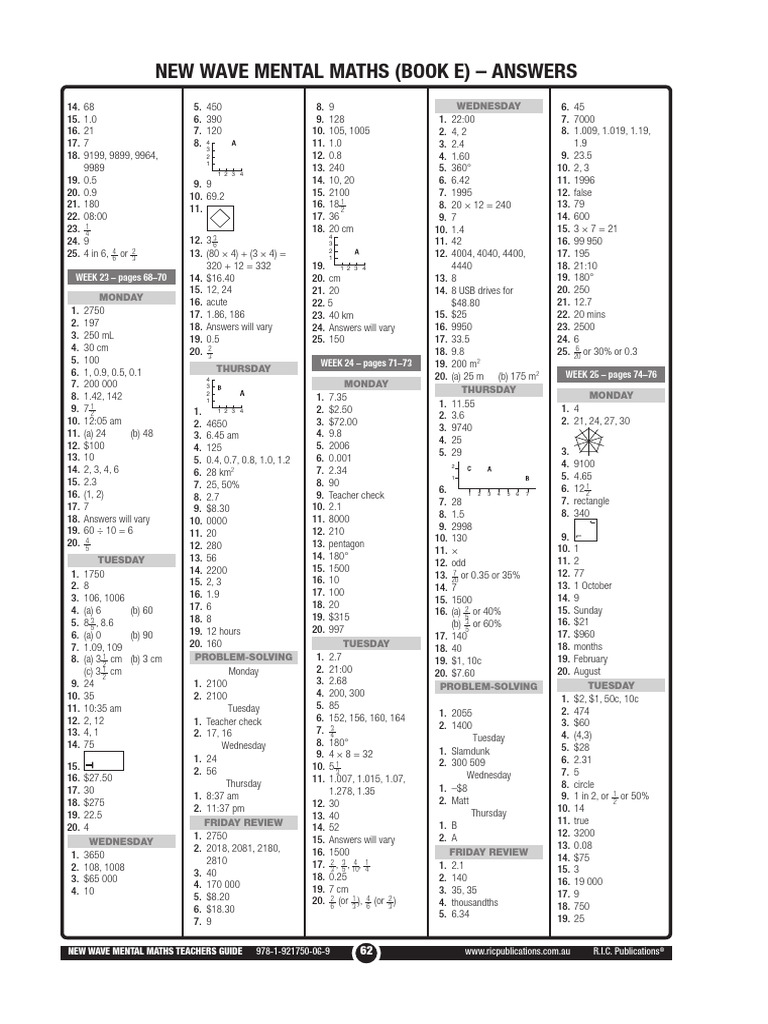 New Wave Mental Maths (Book E) - Answers: Wednesday | PDF