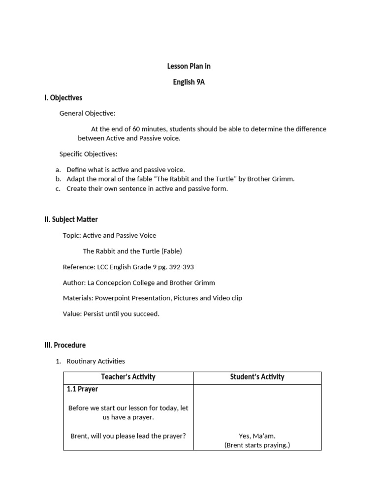 Lesson Plan in English 9 | PDF | Verb | Subject (Grammar)