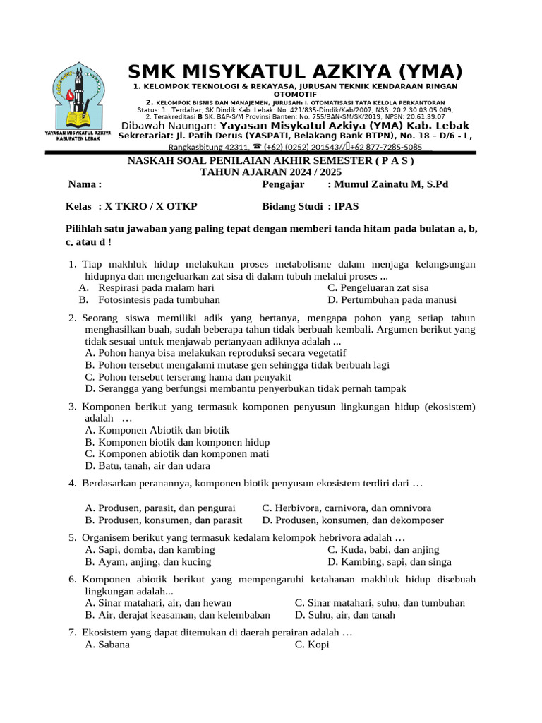 SOAL PTS IPAS X GANJIL 2024-2025 Revisi Ok | PDF
