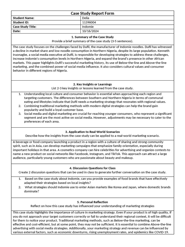 Case Study Report Form (Indomie) | PDF | Marketing | Marketing Strategy
