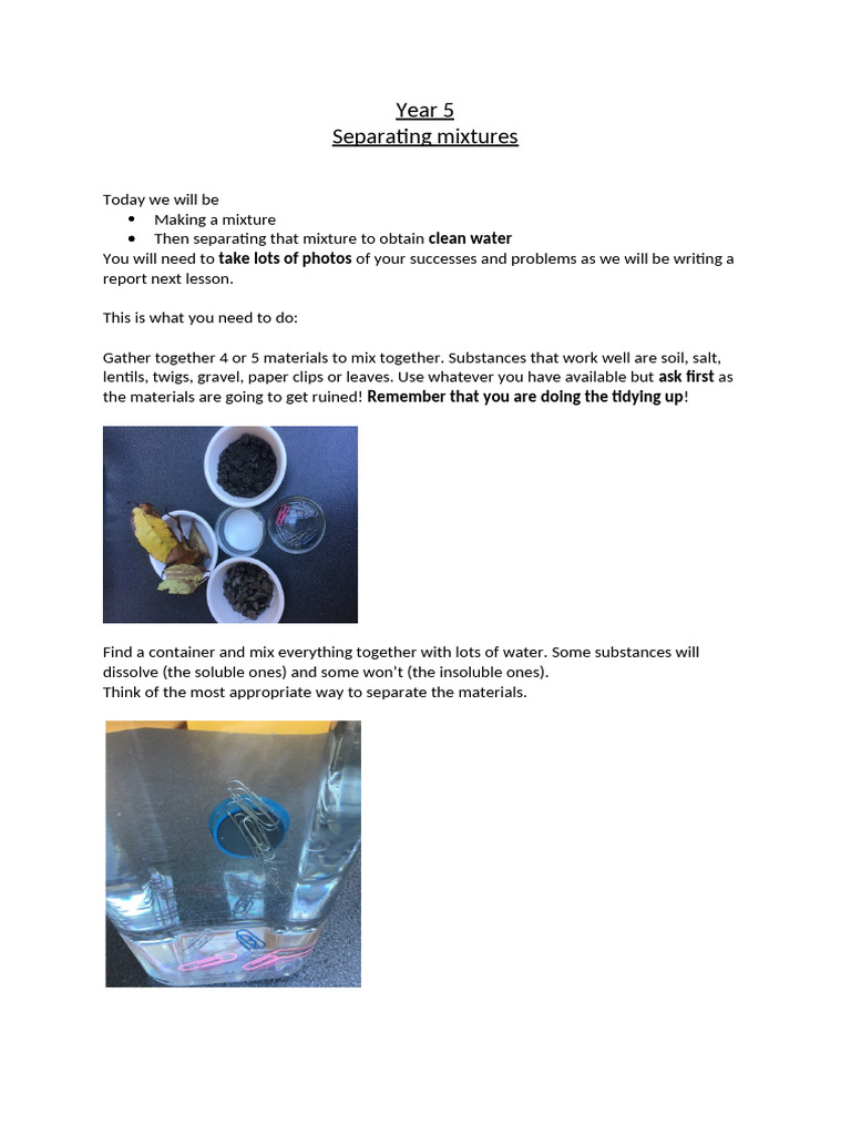 Year 5 Science - Separating Mixtures | PDF
