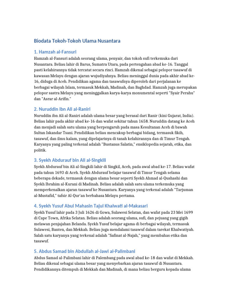 Biodata Tokoh Ulama Nusantara Detail | PDF