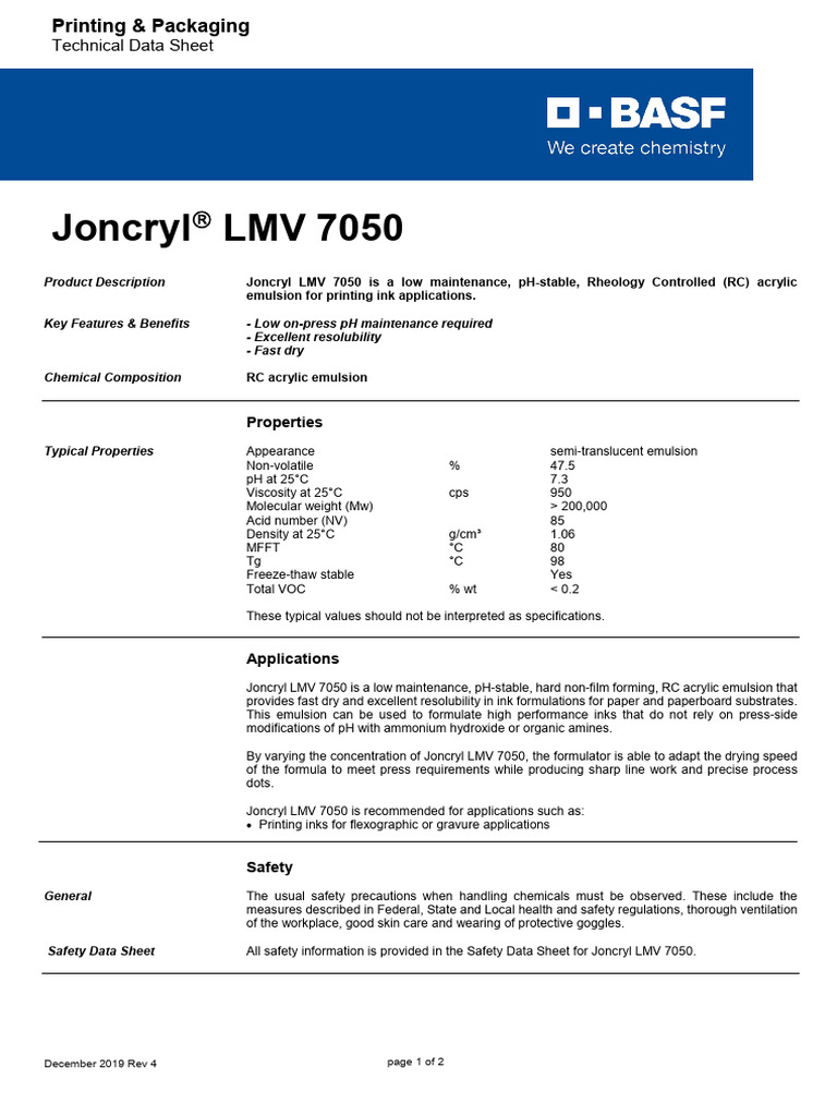 Joncryl LMV 7050 December 2019 R4 PP | PDF | Chemistry | Chemical Substances