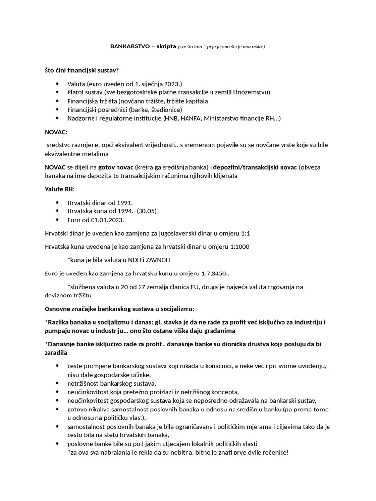 Bankarstvo - Skripta Za 1. Kolokvij | PDF