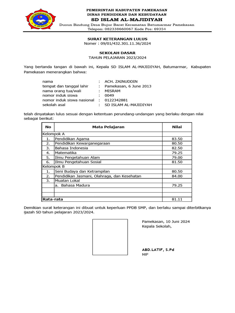 Surat Keterangan Lulus SD 2024 | PDF