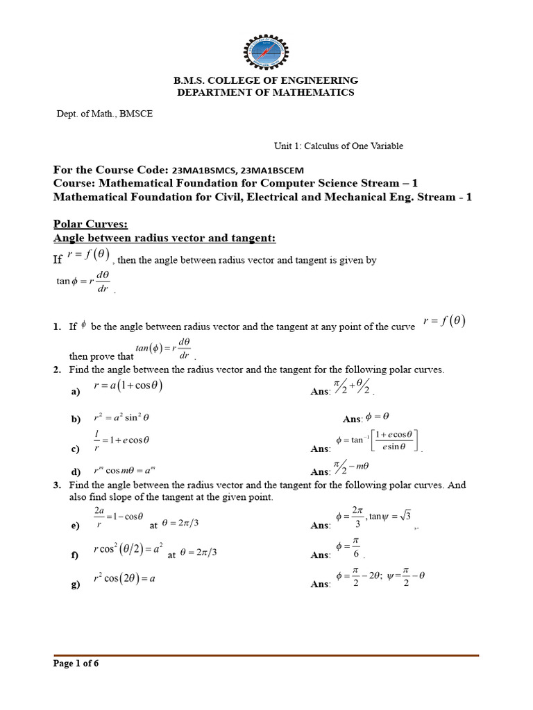 UNIT 1 Calculus of One Variable | PDF | Curvature | Tangent
