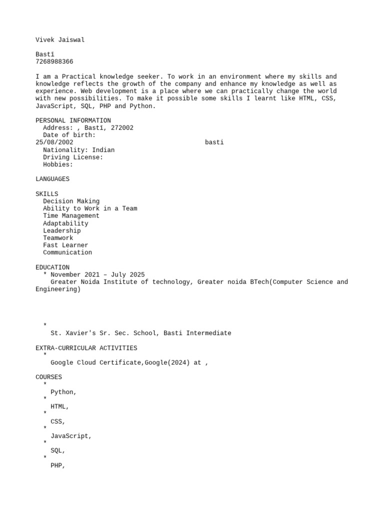 Vivek Jaiswal - Resume | PDF