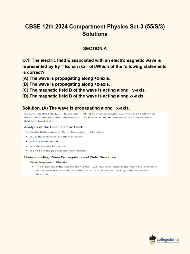 CBSE 12th 2024 Compartment Physics Set 3 55 S 3 Solutions | PDF | Waves | Alternating Current