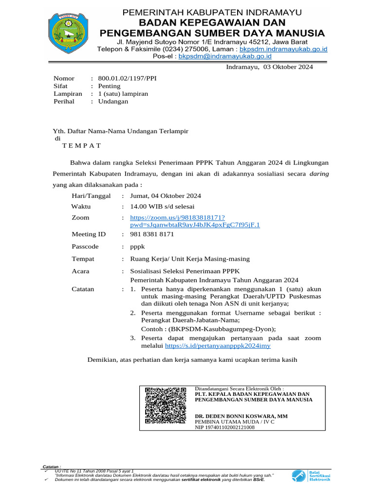 Surat Undangan Zoom Seleksi Penerimaan PPPK TA 2024 | PDF