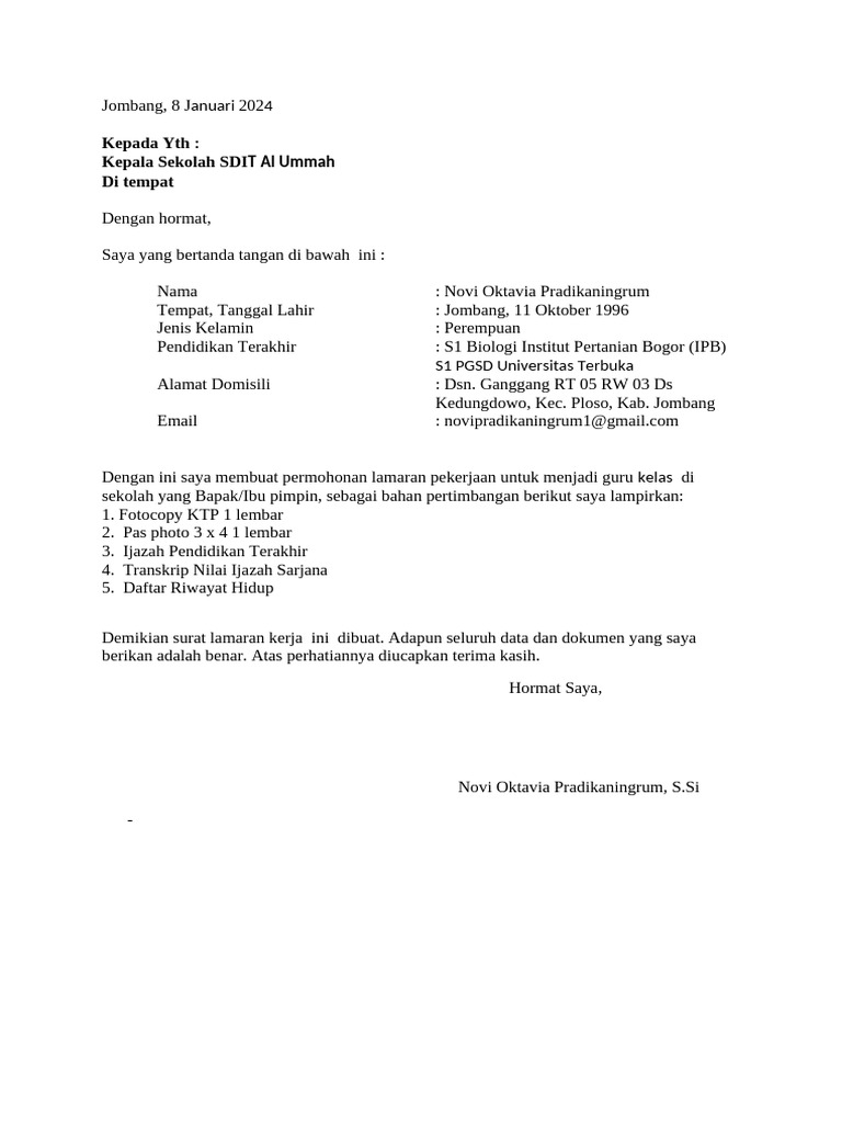 Surat Lamaran Sdit Al Ummah | PDF