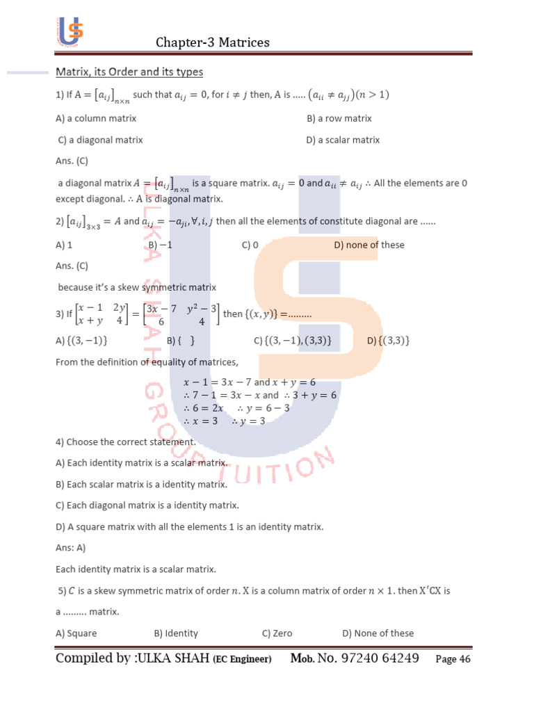 Chapter - 3 Matrices Watermark | PDF | Matrix (Mathematics) | Mathematical Analysis