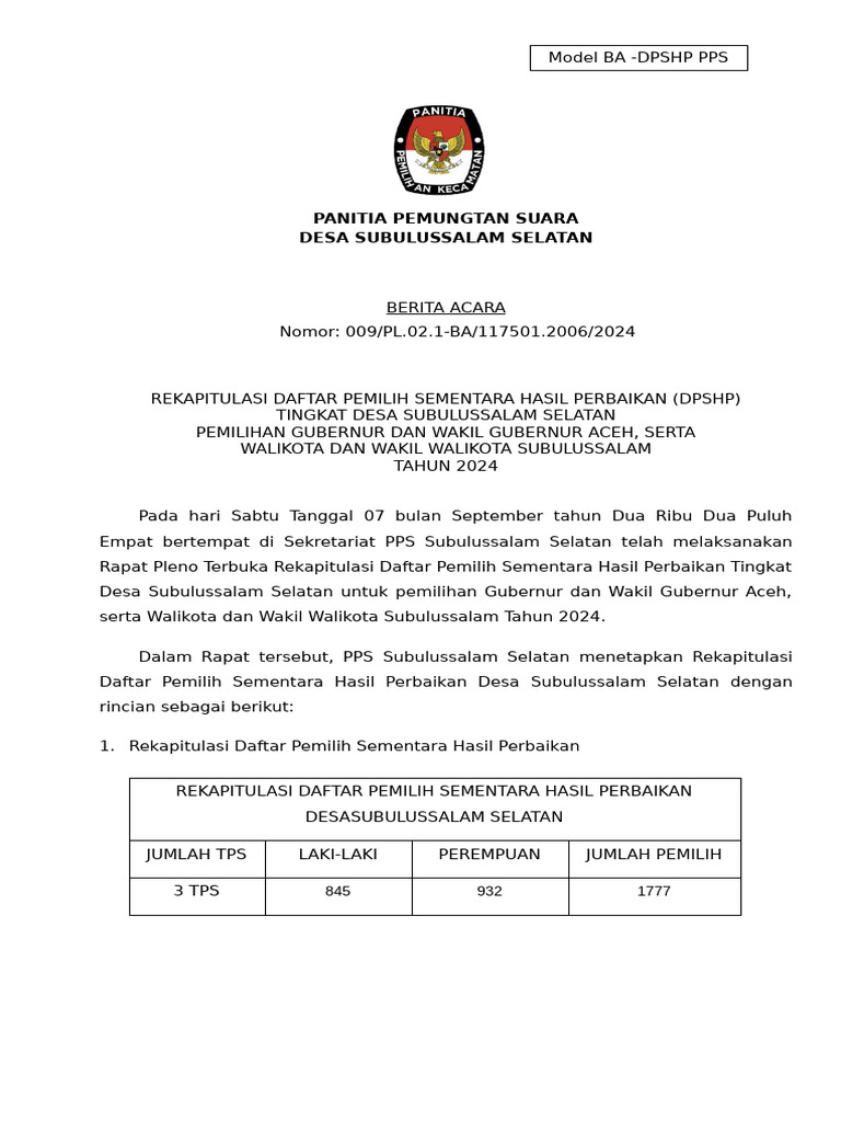 Berita Acara DPSHP - PPS-1 | PDF