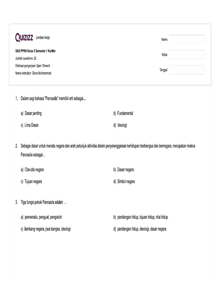 SAS PPKN Kelas 5 Semester 1 KurMer - Quizizz | PDF