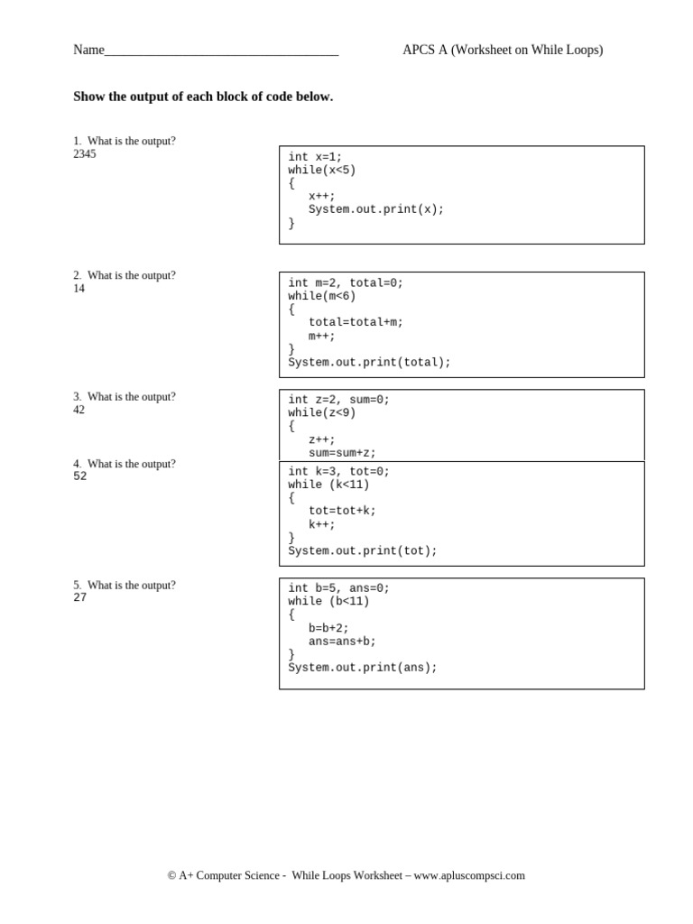 AP Computer Science A: While Loops Worksheet | PDF