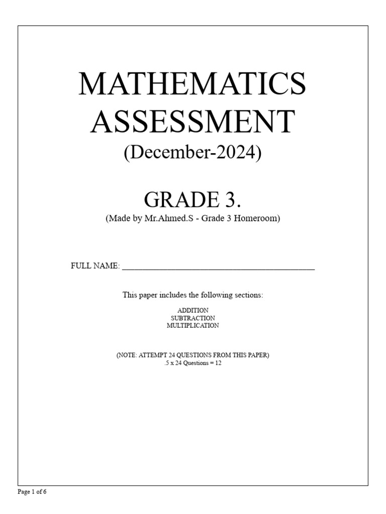 4 Maths Test Grade3 Dec2024 | PDF | Subtraction | Numbers