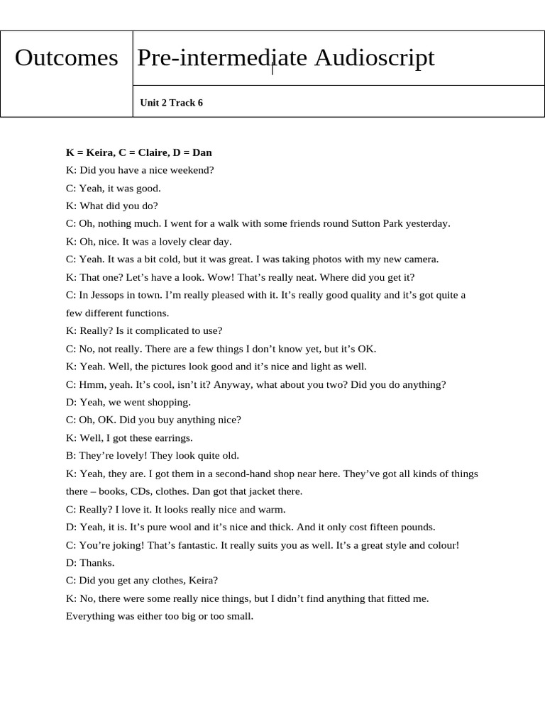 Pre-Intermediate Conversation Transcript | PDF