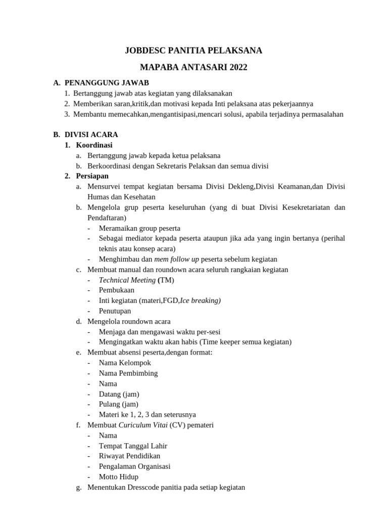 Jobdesc Panitia Pelaksana Mapaba Antasari 2022 | PDF