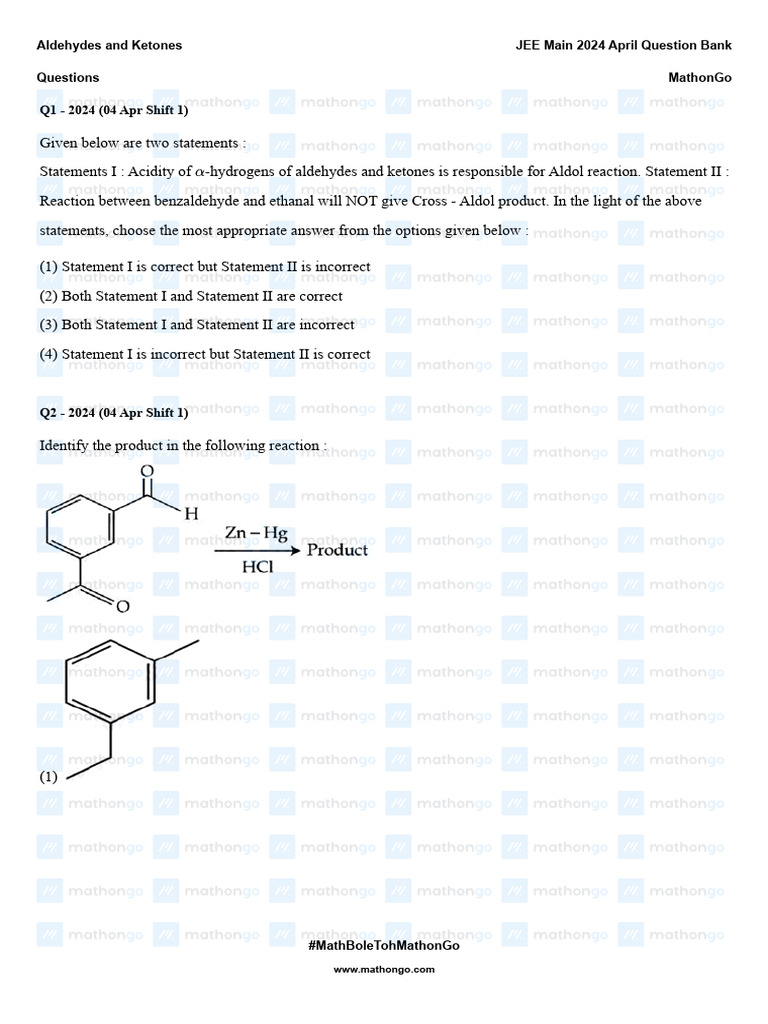 Aldehydes and Ketones - JEE Main 2024 April Question Bank - MathonGo | PDF | Aldehyde | Ketone