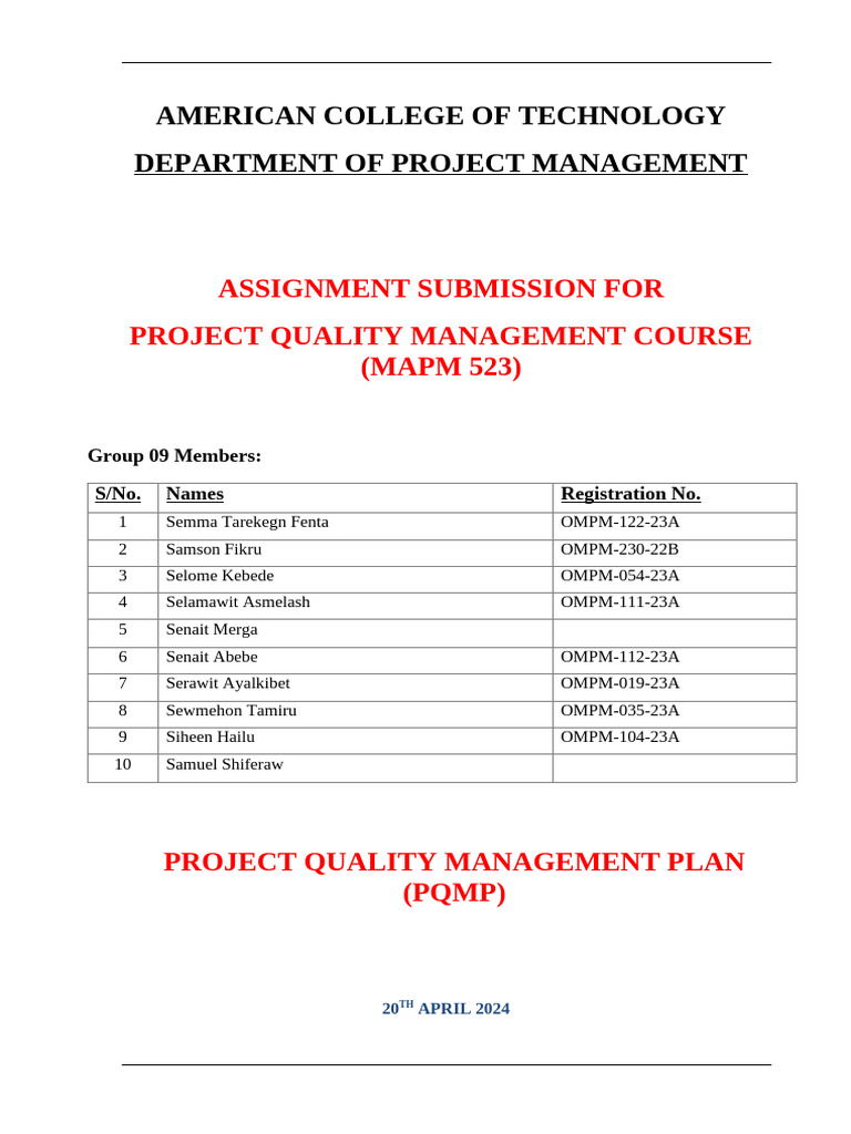 Project Quality Management Plan Overview | PDF | Quality Assurance ...