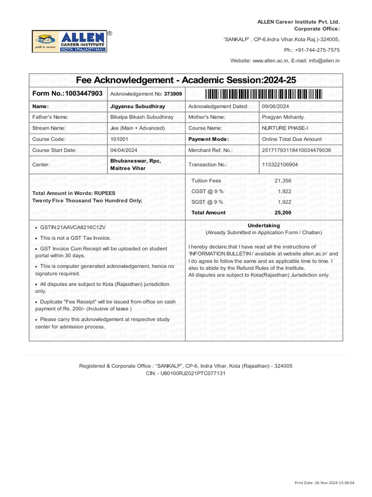 Fee Receipt - 1003447903 - 26-11-2024 13 - 38 - 04 | PDF | Government ...