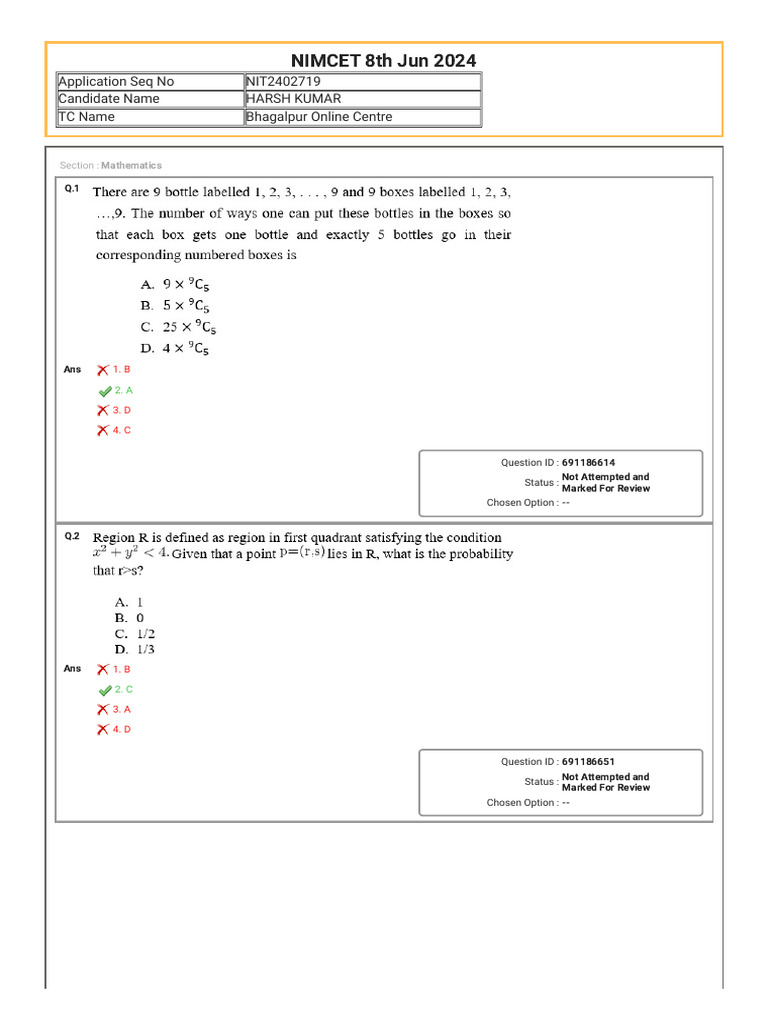 Nimcet 2024 Paper | PDF | Odds | Speed