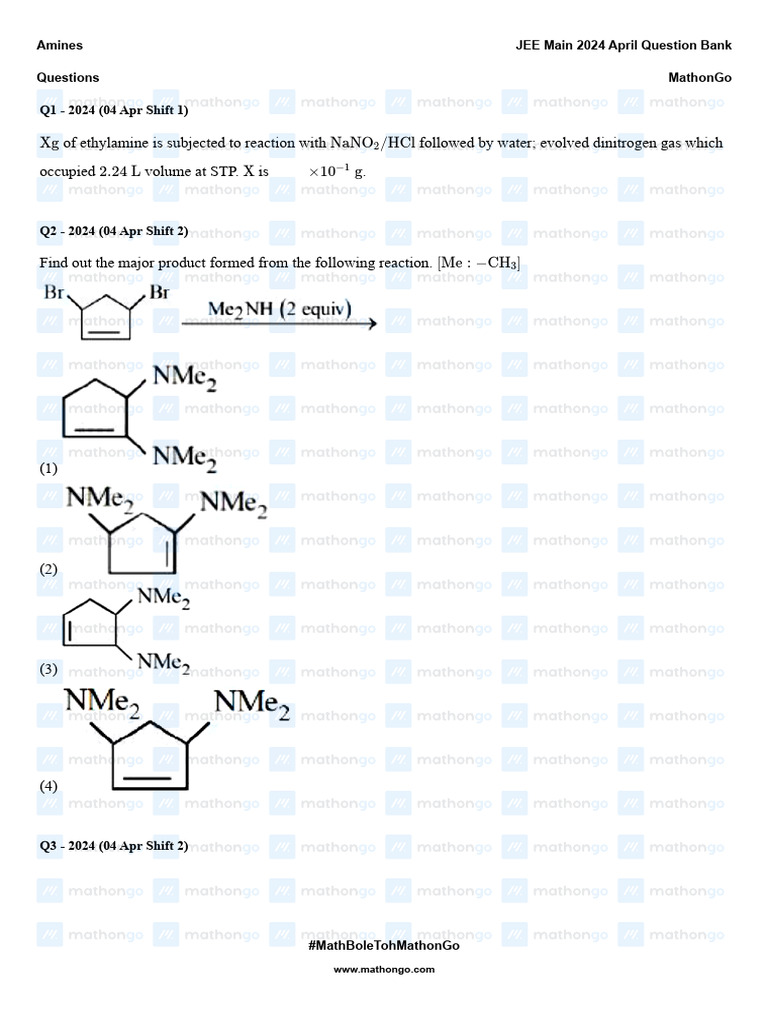 JEE Main 2024: Amines Question Bank | PDF | Amine | Chemical Substances