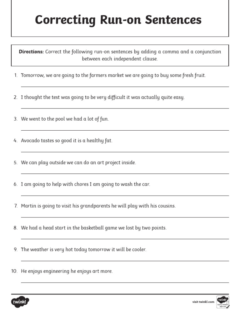 Correcting Run On Sentences by Adding Commas and Conjunctions | PDF