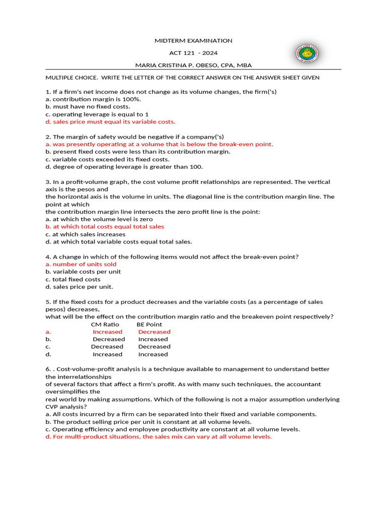 Act 121 Midterm Exam 2024 | PDF | Management Accounting | Business Economics