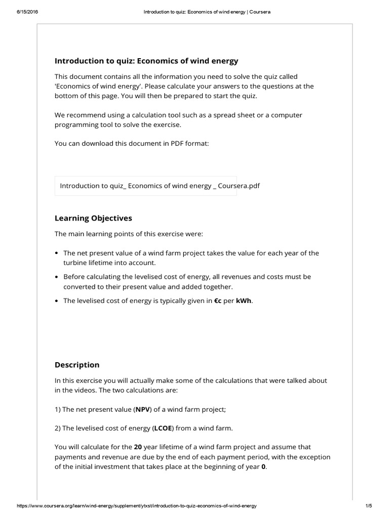 Introduction To Quiz - Economics of Wind Energy - Coursera - L | PDF ...
