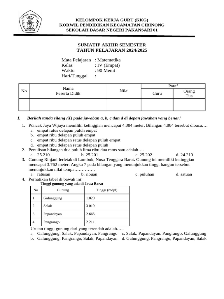 Soal Sas Matematika Kelas 4 | PDF