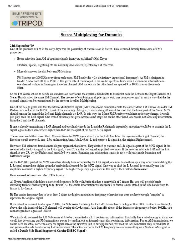 Basics of Stereo Multiplexing For FM Transmission | PDF | Frequency Modulation | Multiplexing
