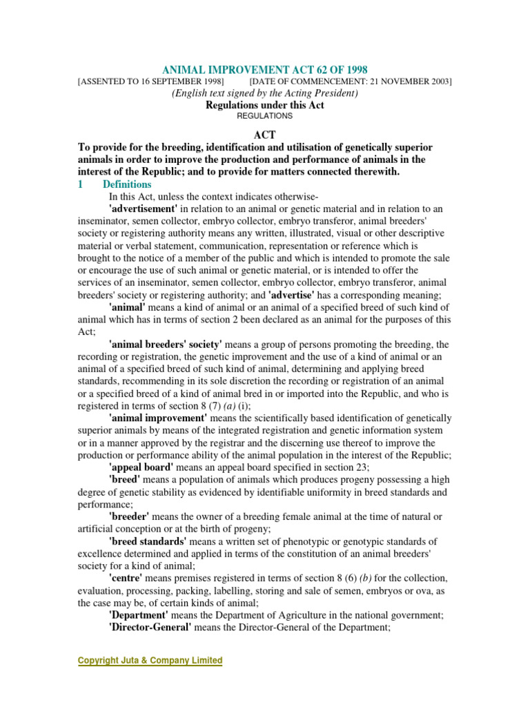 Animal Improvement Act 62 of 1998 | PDF | Horse Breeding | Justice