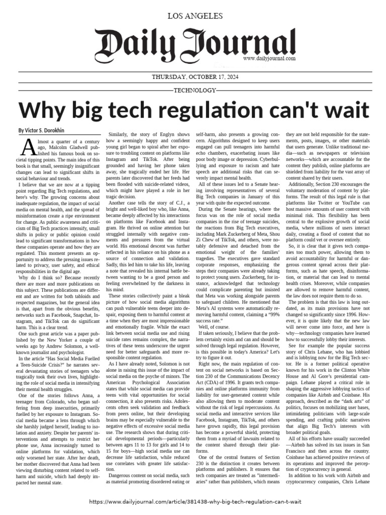 Dorokhin - Why Big Tech Regulation Can T Wait | PDF | Social Media ...