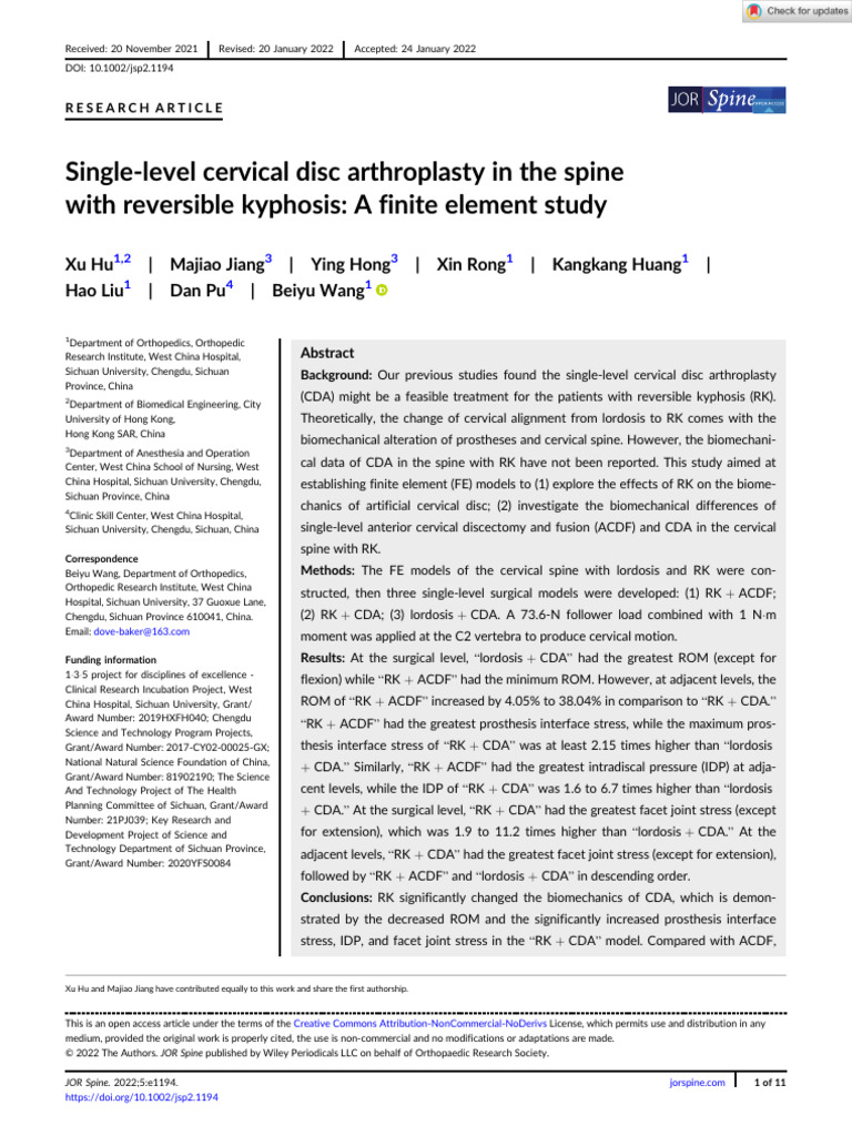 JOR Spine - 2022 - Hu - Single Level Cervical Disc Arthroplasty in The ...