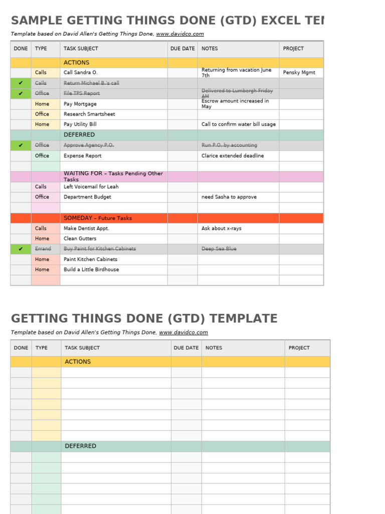 IC Sample Getting Things Done GTD Excel 11711 | PDF