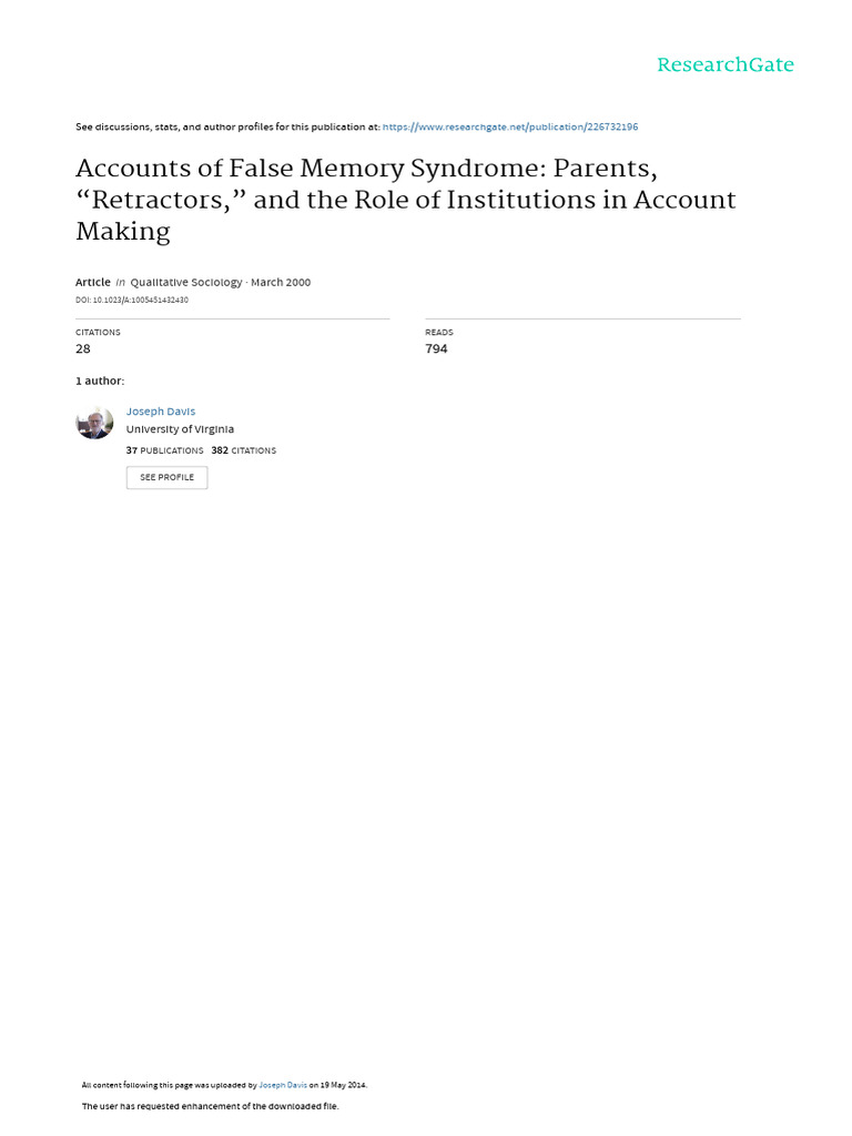 Accounts of False Memory Syndrome Parents Retracto | PDF | Narrative | Psychotherapy
