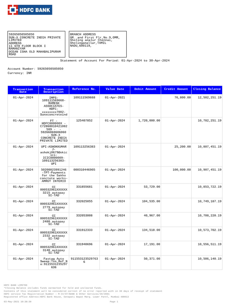 HDFC Bank Statement Apr 21 June 21 | PDF | Debits And Credits | Banks