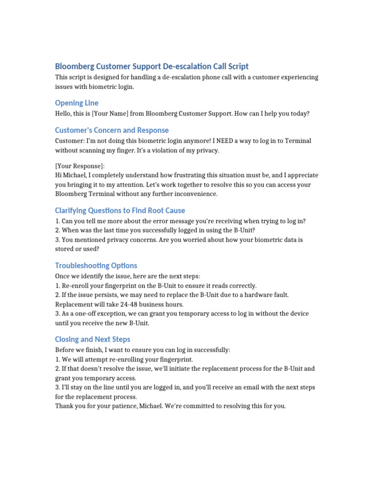 Bloomberg De-escalation Call Script | PDF