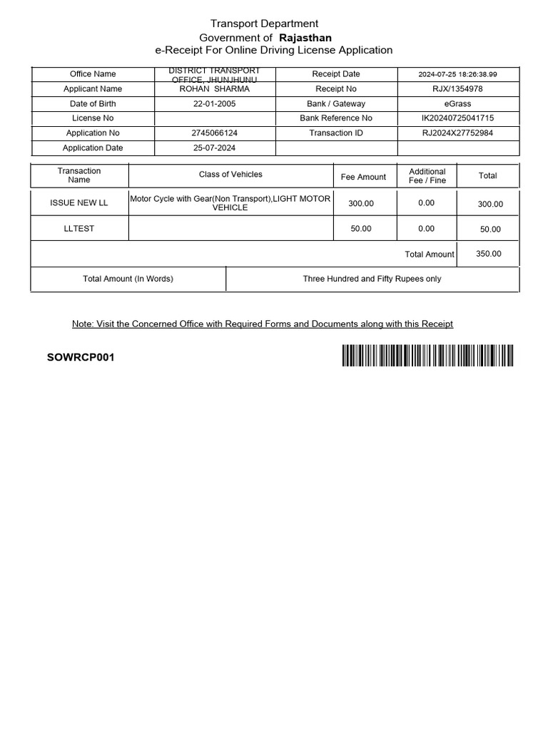 Receipt For Online Driving License | PDF
