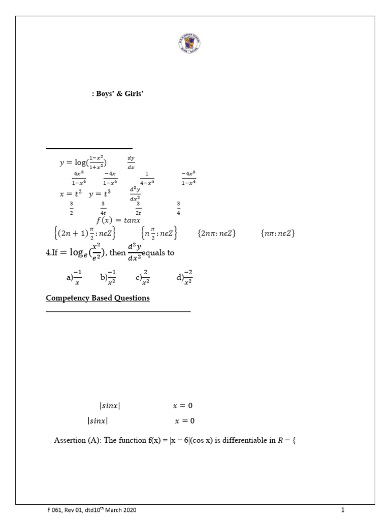 Mathematics Worksheet on Continuity & Differentiability | PDF | Function (Mathematics) | Mathematics