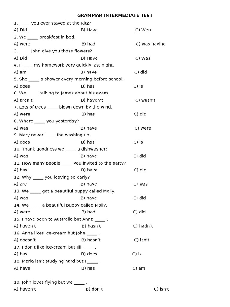 Intermediate Grammar Test Questions | PDF