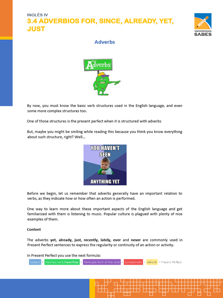 3.4 Adverbios For Since Already Yet Just | PDF | Adverb | Preposition ...